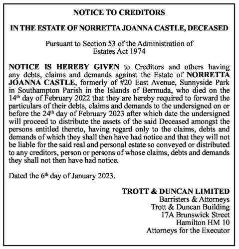 Estate of NORRETTA JOANNA CASTLE Notice to Creditors - The Royal Gazette | Bermuda News ...