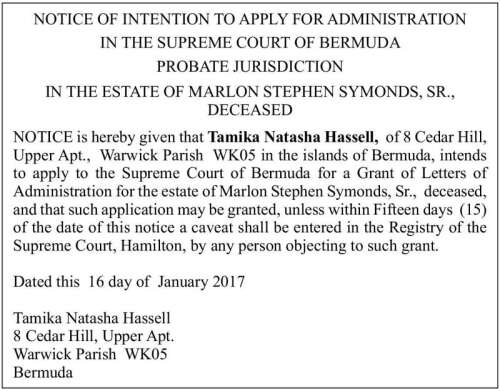 Apply for Administration Tamika Natasha Hassell - The Royal Gazette ...