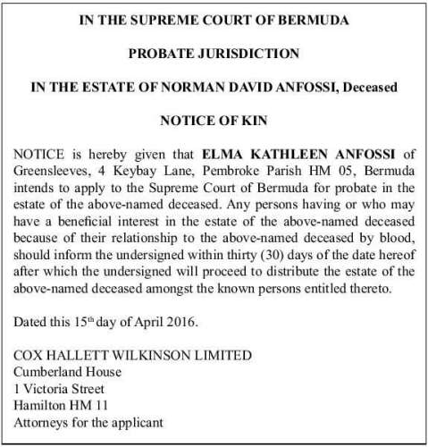 Estate of Norman David Anfossi Notice of Kin - The Royal Gazette ...