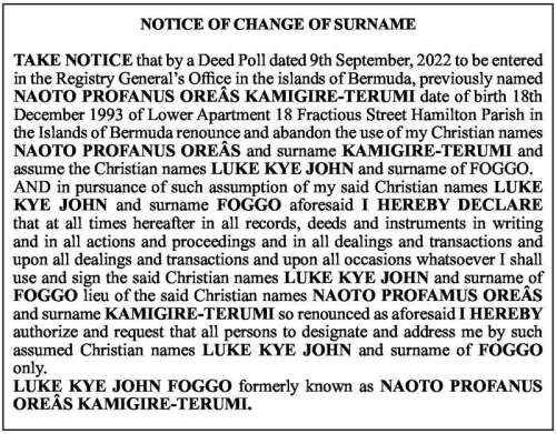 Deed Poll LUKE KYE JOHN FOGGO - The Royal Gazette | Bermuda News ...