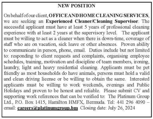 Experienced Cleaner/Cleaning Supervisor - The Royal Gazette | Bermuda ...
