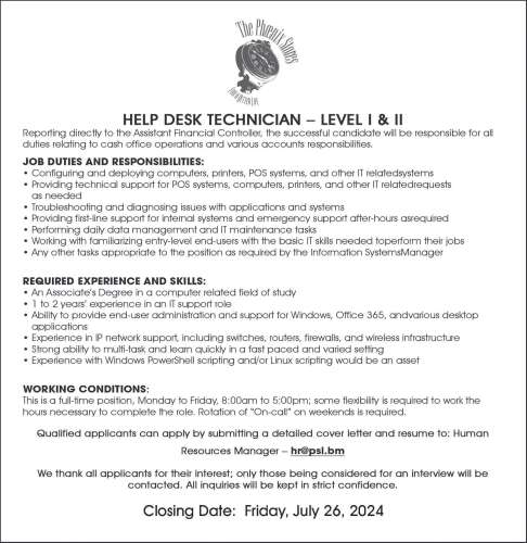 HELP DESK TECHNICIAN - LEVEL I & II - The Royal Gazette | Bermuda News ...