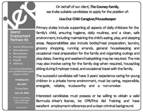 Live-Out Child Caregiver/Housekeeper - The Royal Gazette | Bermuda News ...